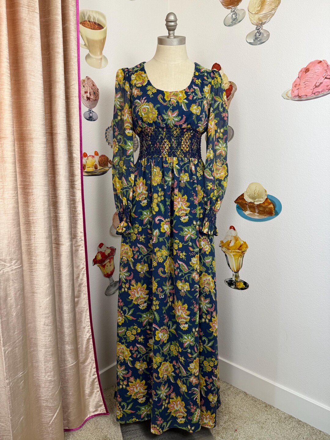 Vintage 70s | Union Label | Jacobean Floral Maxi Dress Cotton Voile ...
