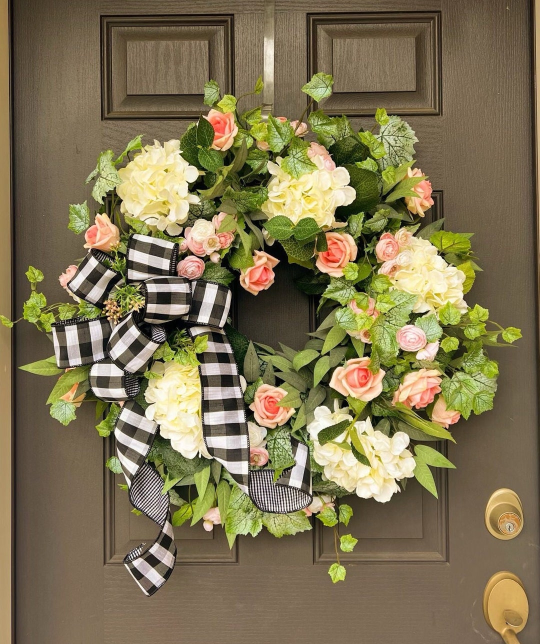 Large Wreath, White Hydrangeas, Pink Roses, Ivy, Ficus Leaves, and ...