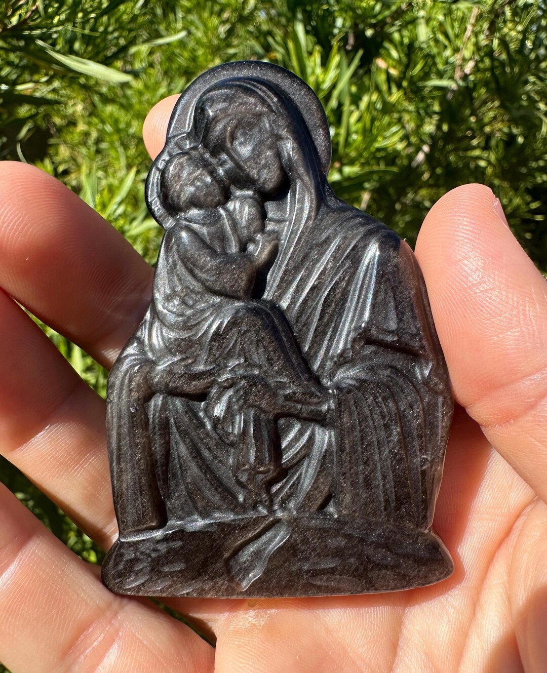 Obsidian Mother Mary With Baby Jesus, Silver Sheen Obsidian, Jesus ...