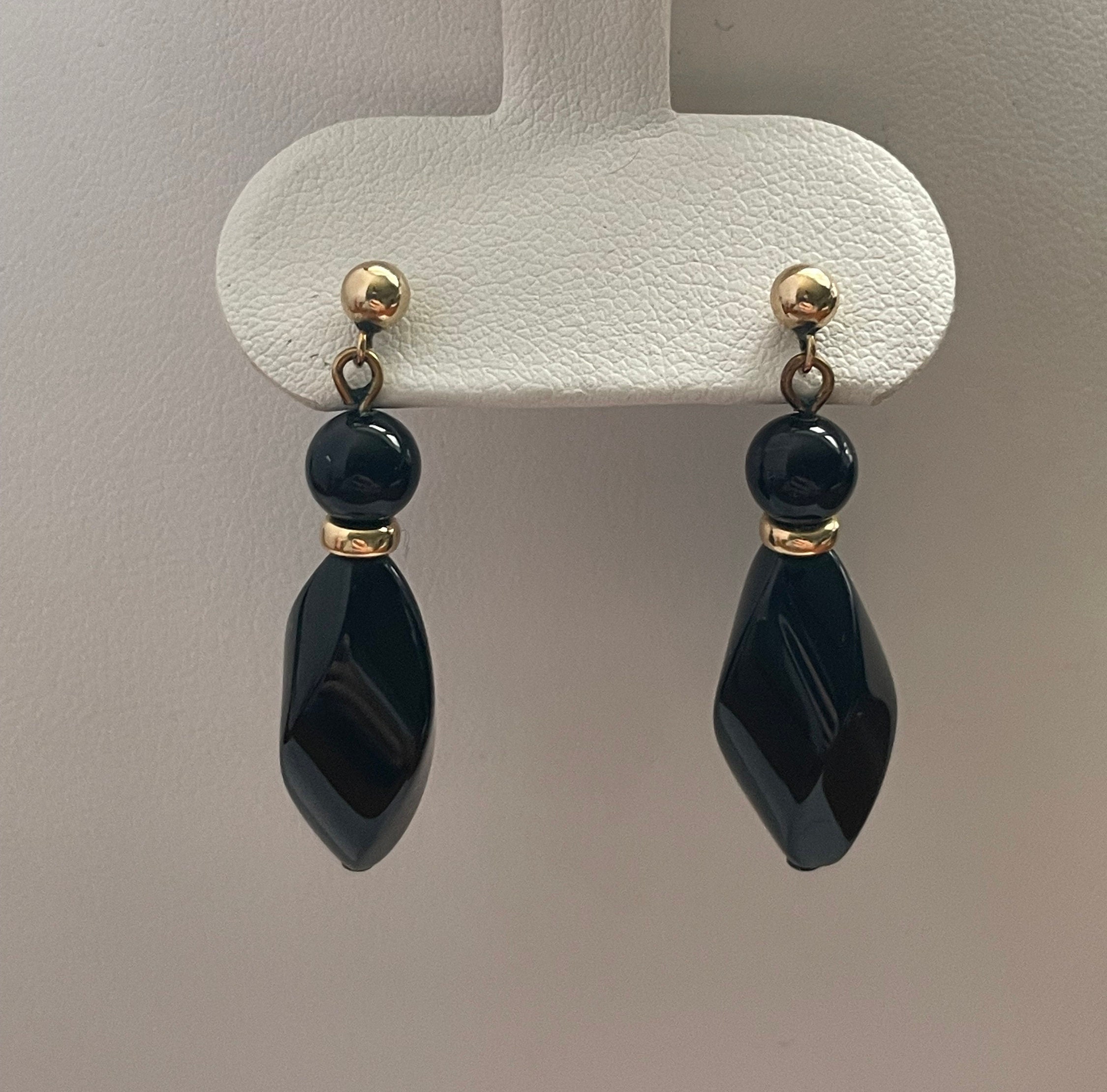 14K Yellow Gold Black Onyx Dangle Drop Earrings Etsy