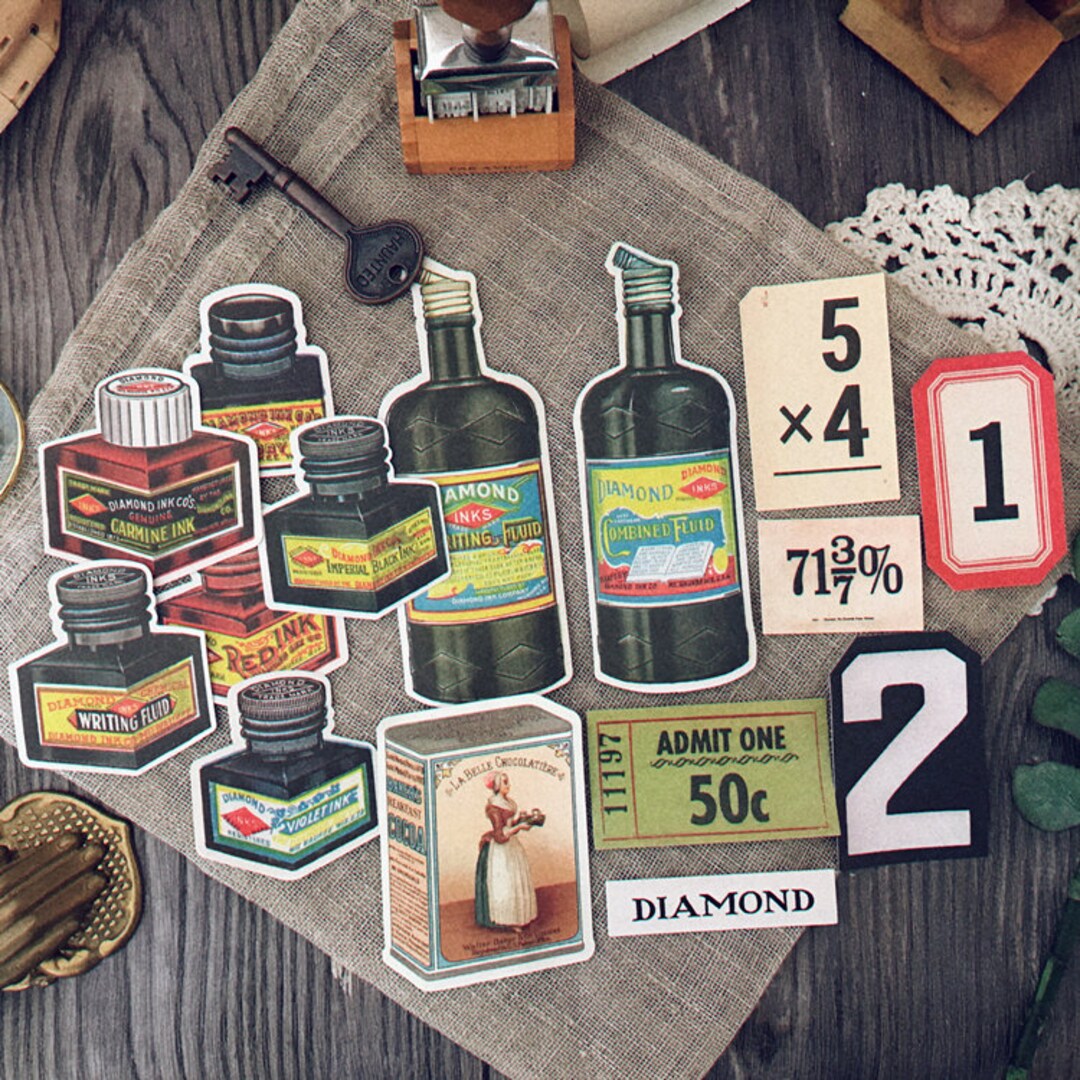 Vintage Ink Sticker Ink Bottle Collage Label Stickers , Junk Journal ...