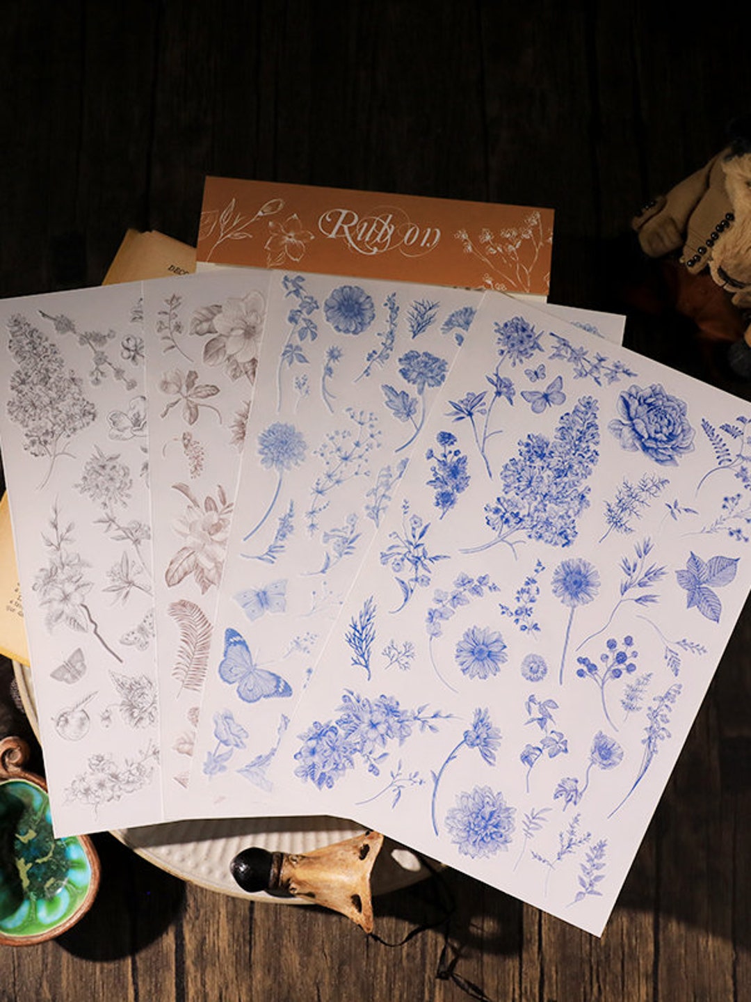 Rub-on Stickers | 4 Sheets Watercolor Flower Sketch Botanical Flower ...