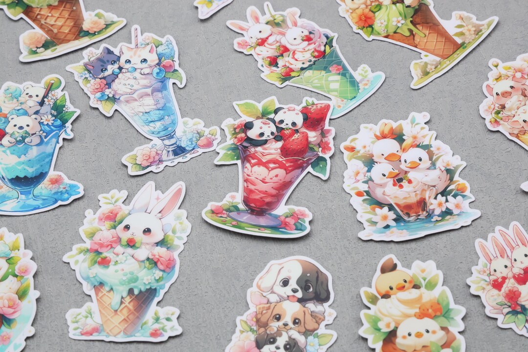 Cute Animal Ice Cream Themed Stickers Panda Strawbeery Kitty Bunny ...