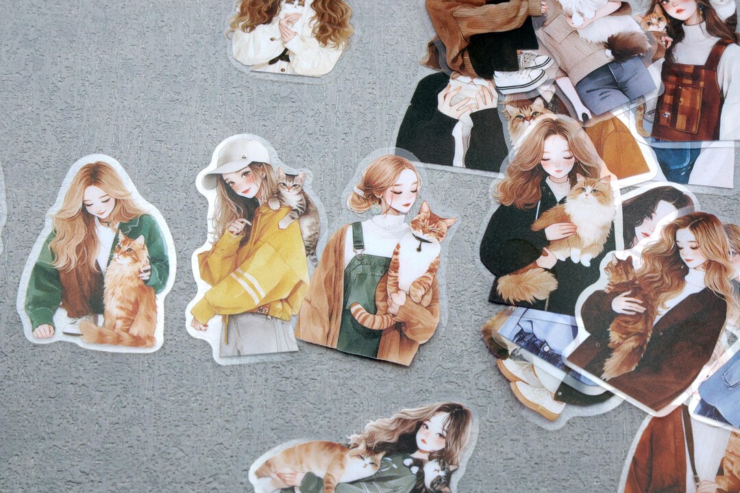 Cat Girls PET Stickers | Modern Girl Holding a Cat Themed PET Stickers ...