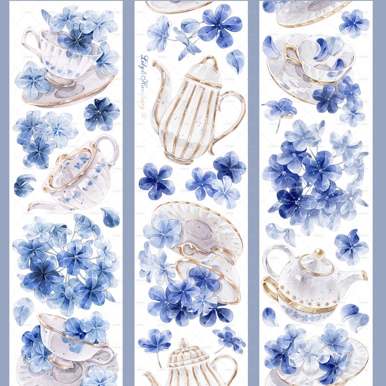 Blue Flower Teapot PET Washi Tape ｜blue Petal Flower Tea Cup Tape PET ...