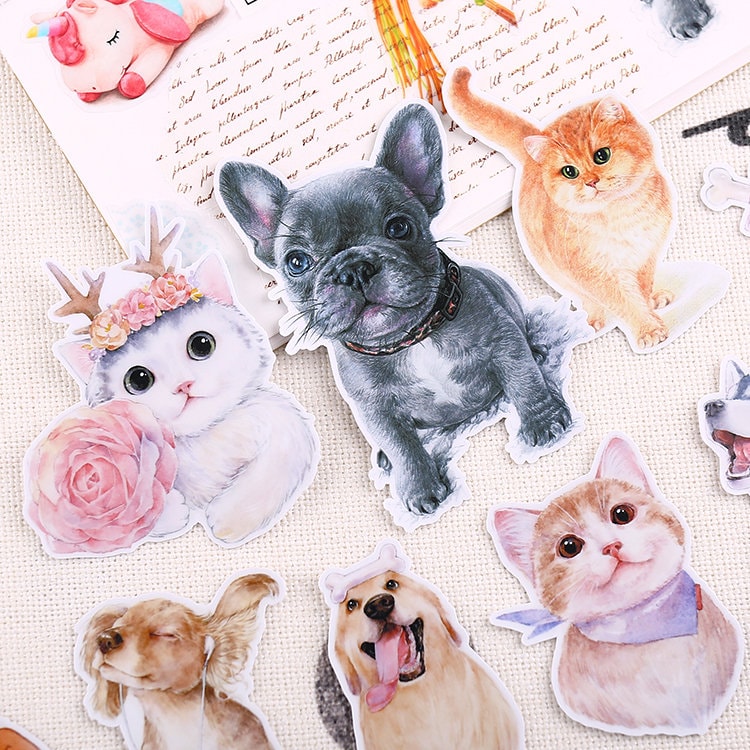 Cute cat kitty dog pet stickers watercolor Decorative | Etsy