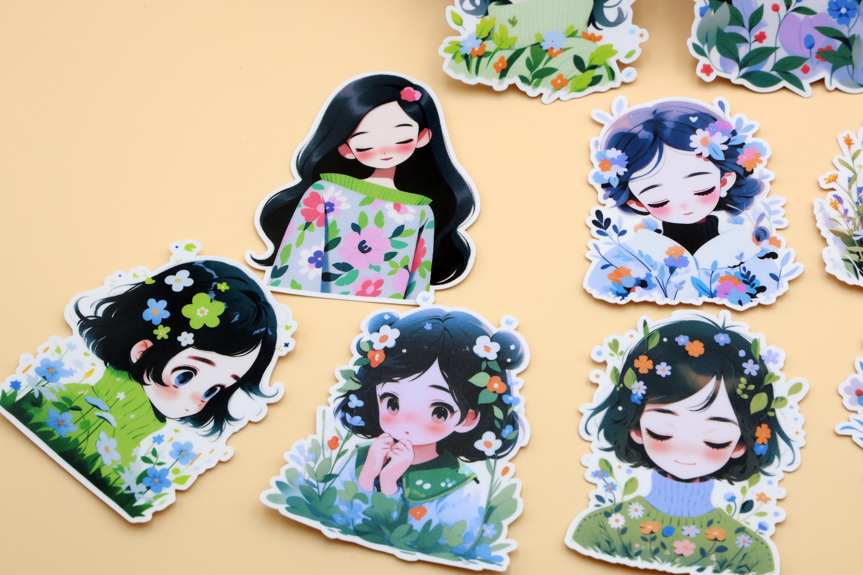 Cute Girl Stickers | Kawaii Girls Cartoon Little Girl Floral Themed ...