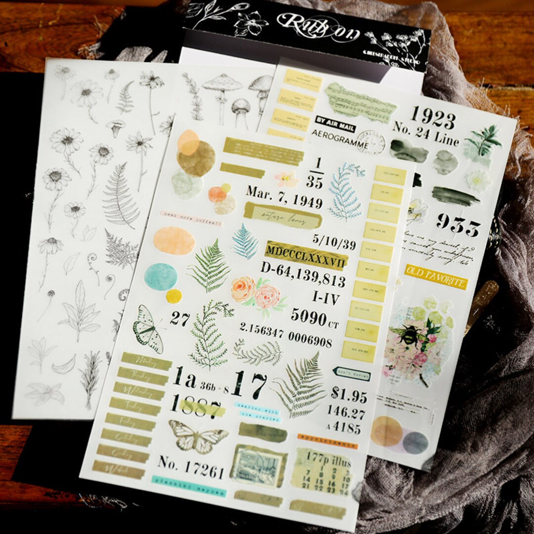 Rub-on Stickers | 3 Sheets Receipt Fern Vintage Number Collage Mail ...