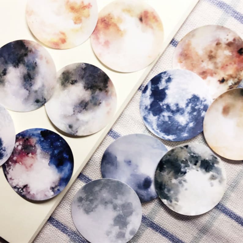 12pcs/pack Watercolor Moon Style Stickers Nature Galaxy Moon Die Cut ...