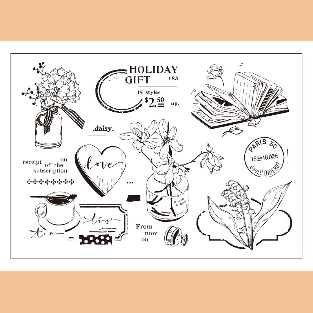 Clear Stamp Set /clear Stamps / Reading Time Flower Relax Time ...