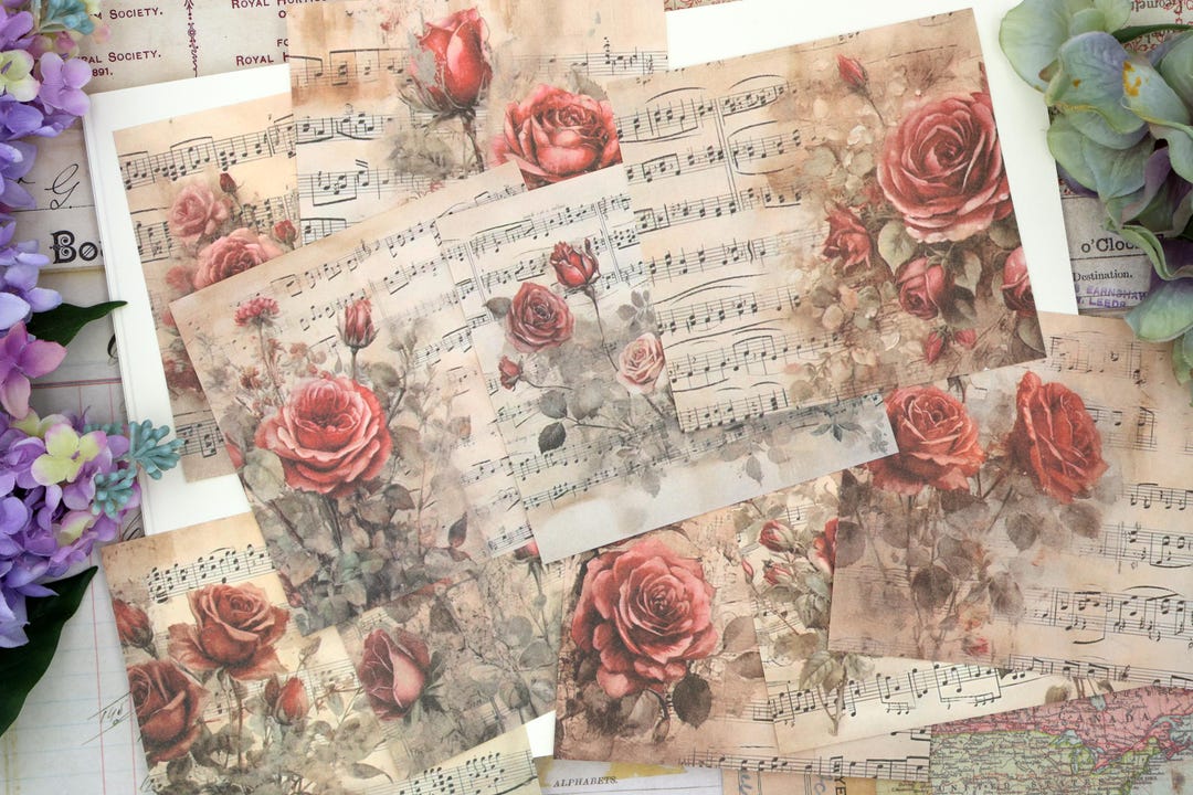 Rose Flower Music Printed Paper | 30pcs Flower Rose Music Collage ...