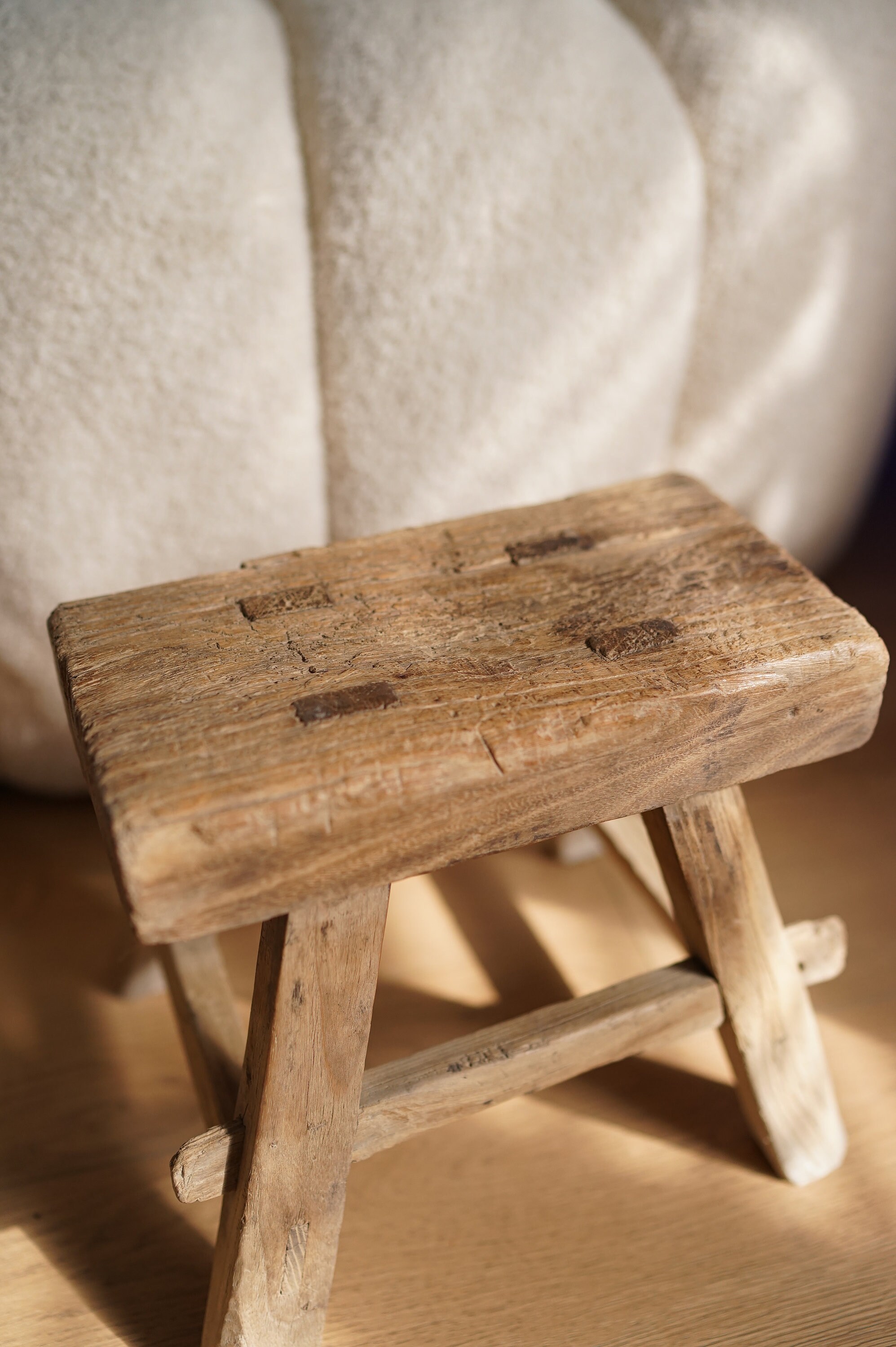 Vintage Small Wooden Stool With Thick Topchinese Elm Wood - Etsy