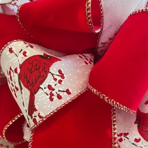 15" Cardinals in Snow and Red Velvet Tree Topper Bow, With Four 6 ...
