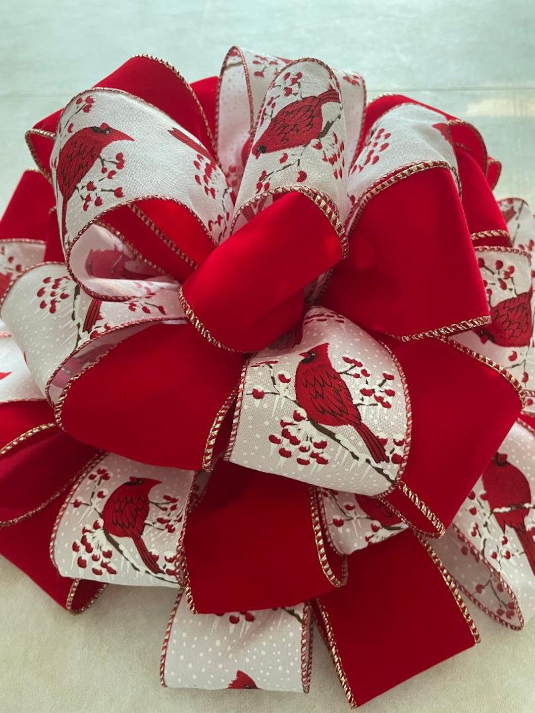 15" Cardinals in Snow and Red Velvet Tree Topper Bow, With Four 6 ...