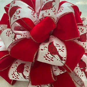 15" Cardinals in Snow and Red Velvet Tree Topper Bow, With Four 6 ...