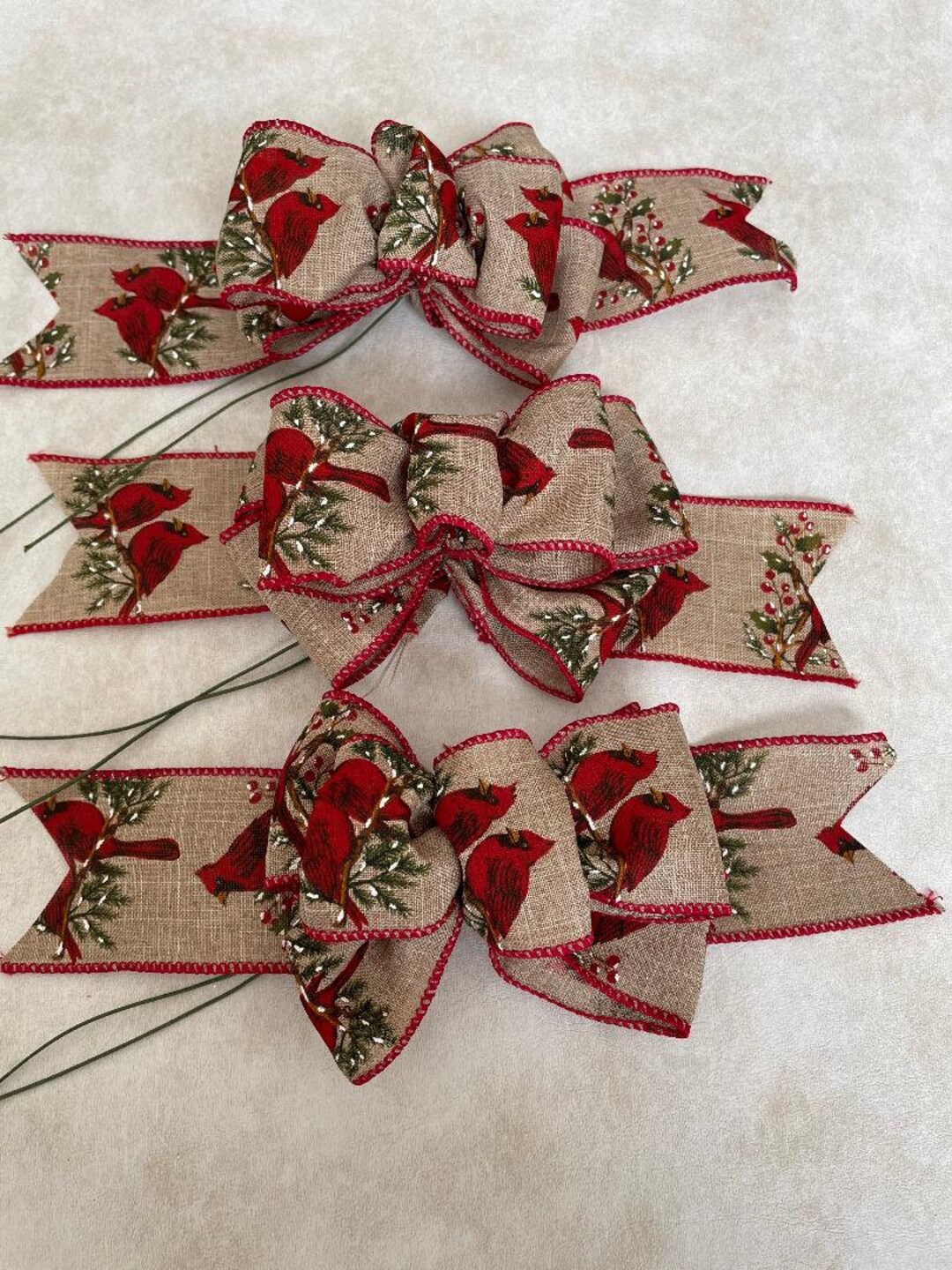 Christmas Cardinal Wired Bows, Beige Linen Ribbon, Set of 3 - Etsy