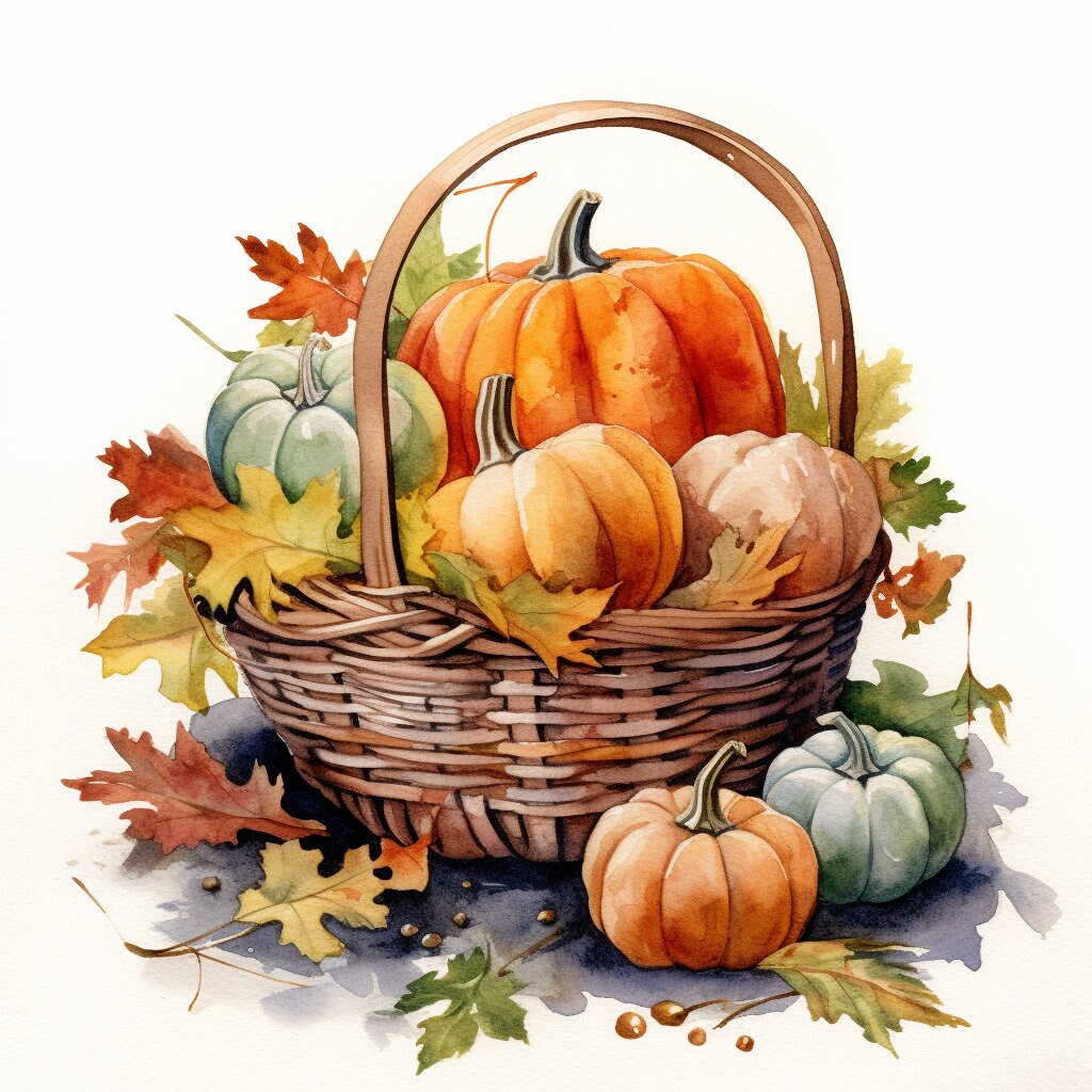 10 Autumn Basket Decoration Clipart Watercolor Transparent Background ...