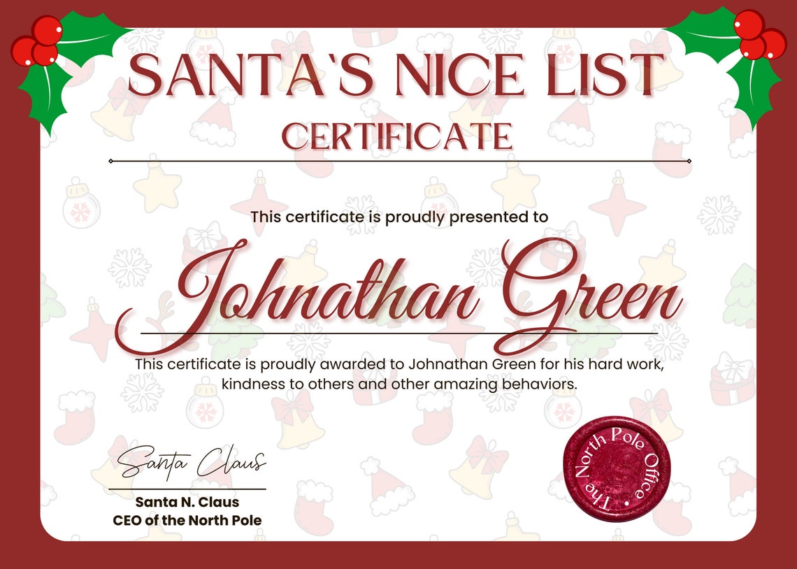 Santa Nice List Certificate Personalized Printable Download PDF File ...