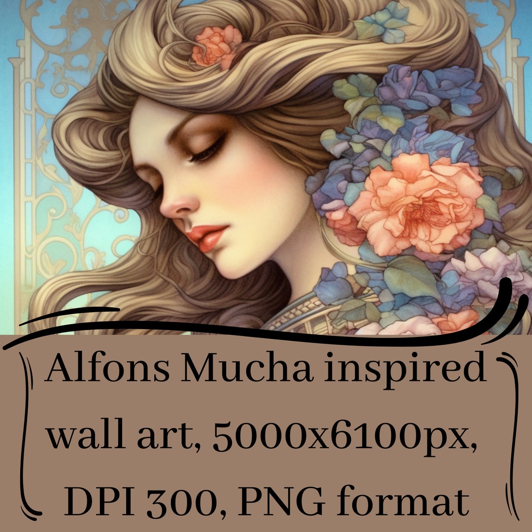Printable Wall Art Alfons Mucha Style Woman Flowers in Hair Portrait ...