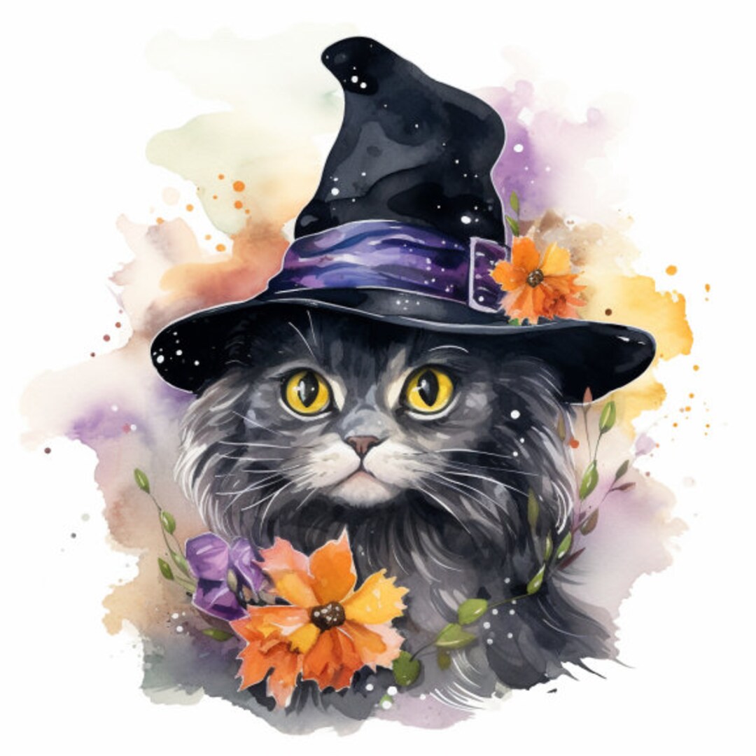 Watercolor Witch Cat Clipart: Halloween Autumn PNG (digital Download ...