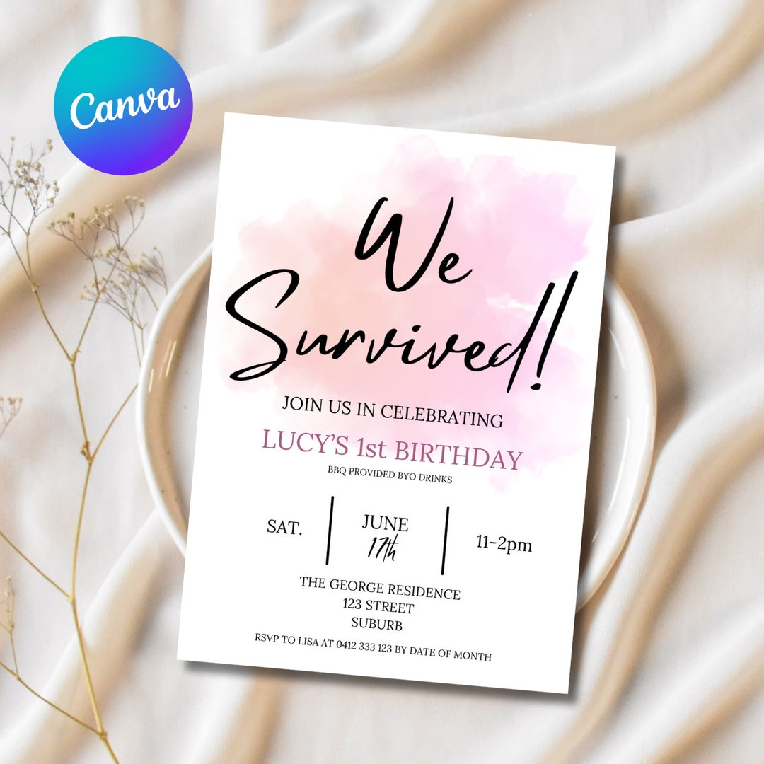 We Survived, First Birthday Invitation Pink, Editable Invitation ...