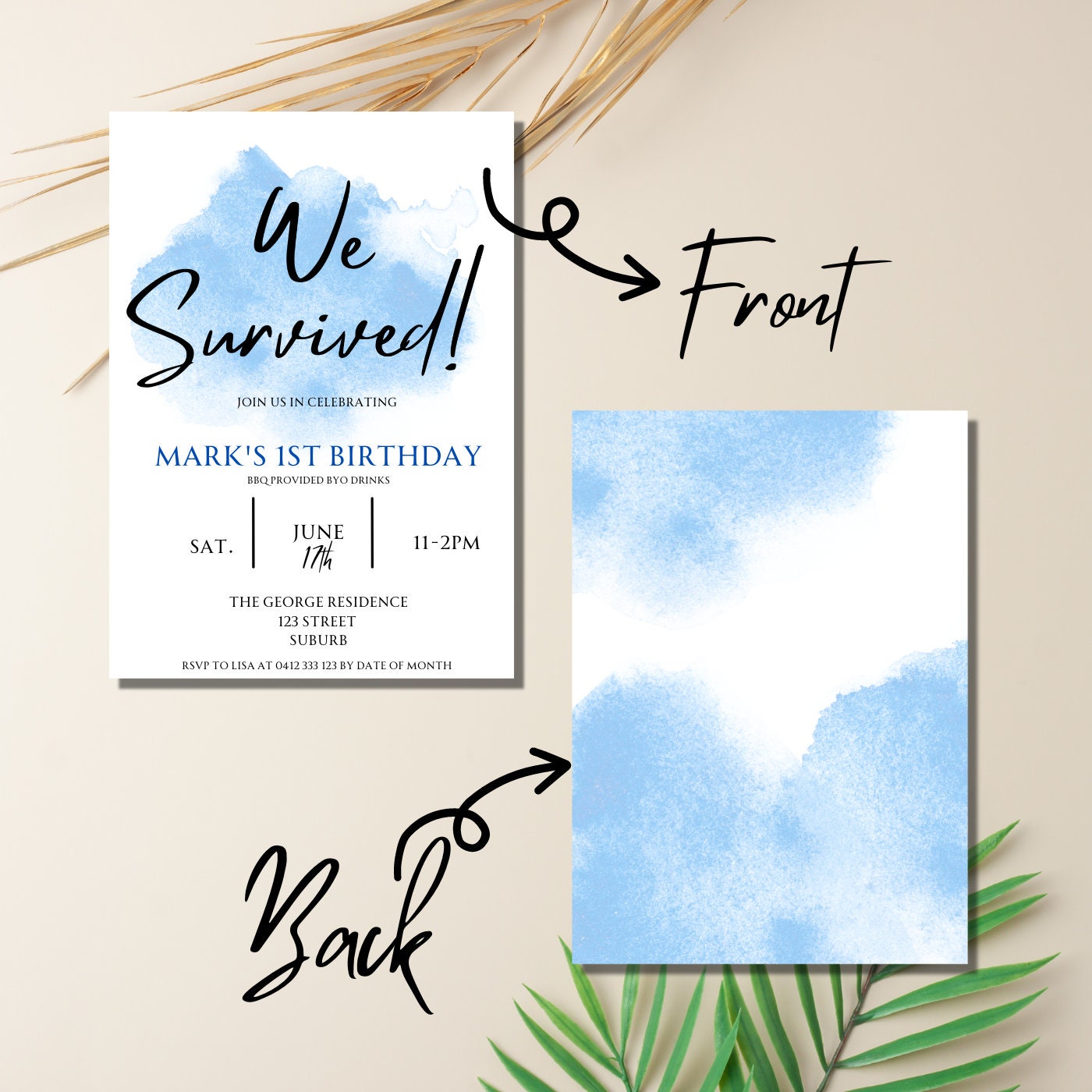 We Survived, First Birthday Invitation Blue, Editable Invitation ...