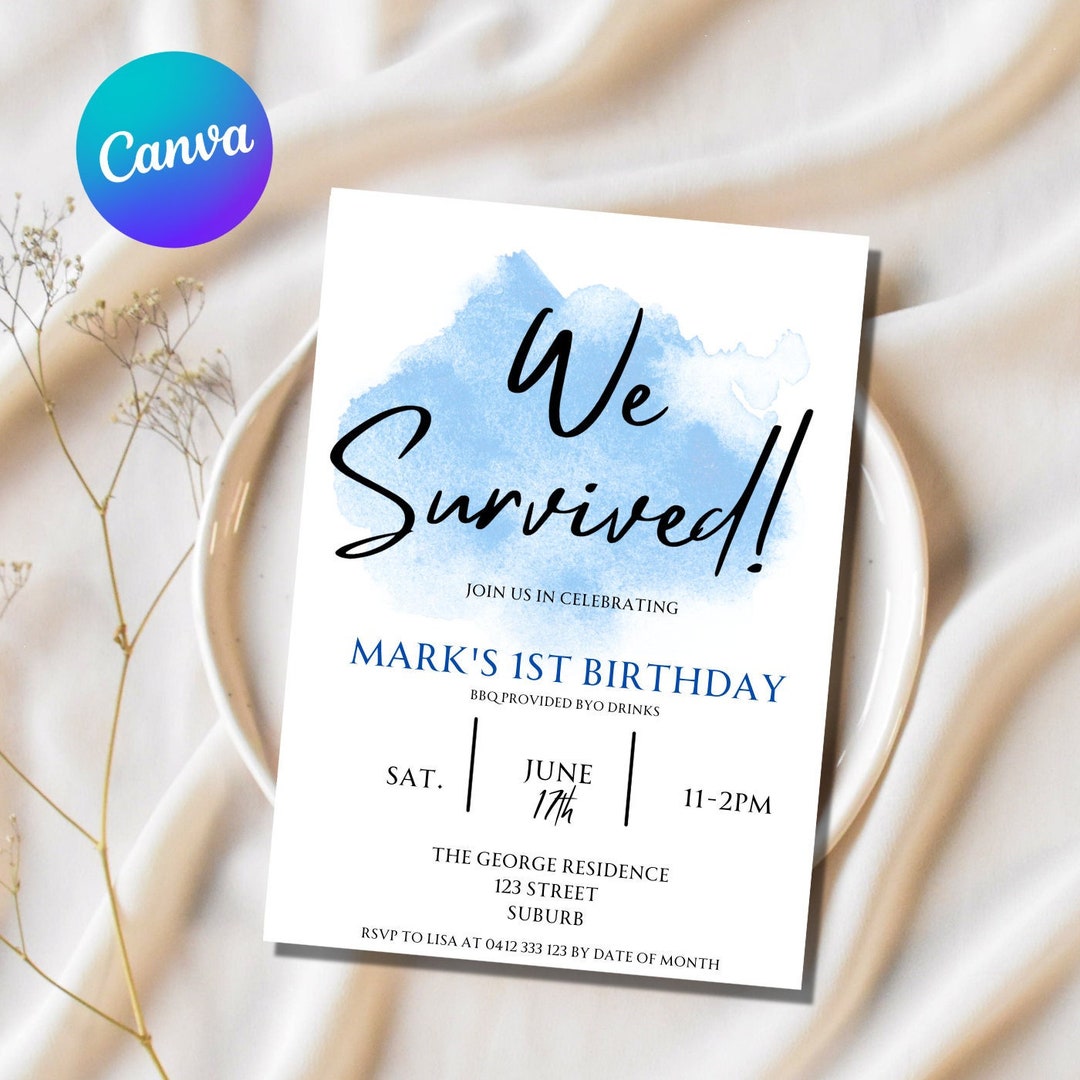 We Survived, First Birthday Invitation Blue, Editable Invitation ...