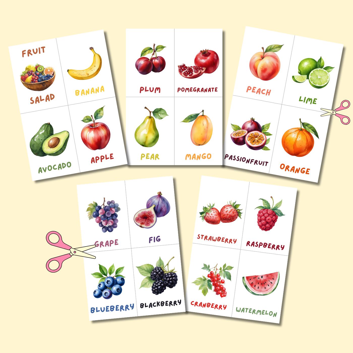 20 Fruit Salad Flashcards Printable, Kids Learn Flashcards, Watercolour ...