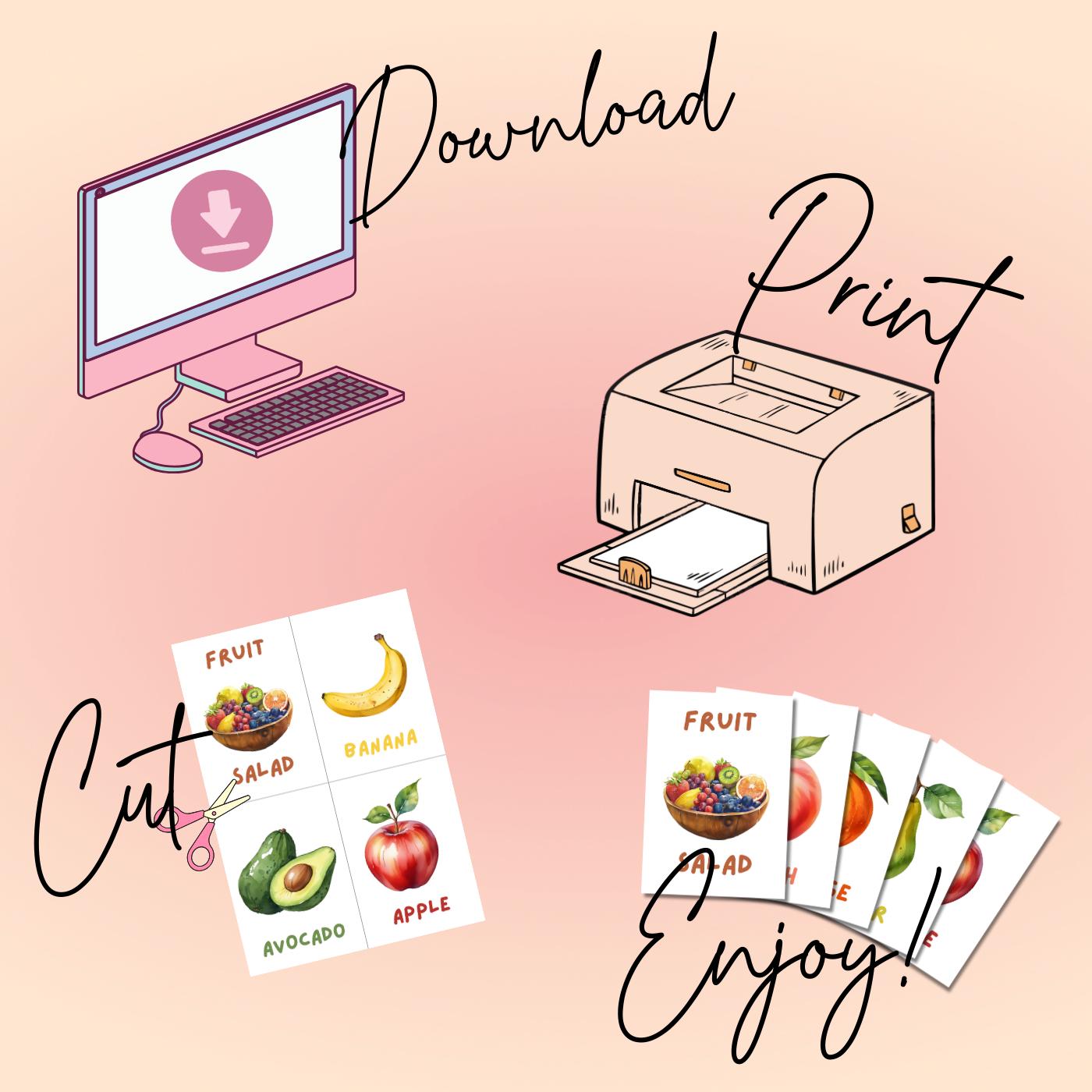 20 Fruit Salad Flashcards Printable, Kids Learn Flashcards, Watercolour ...