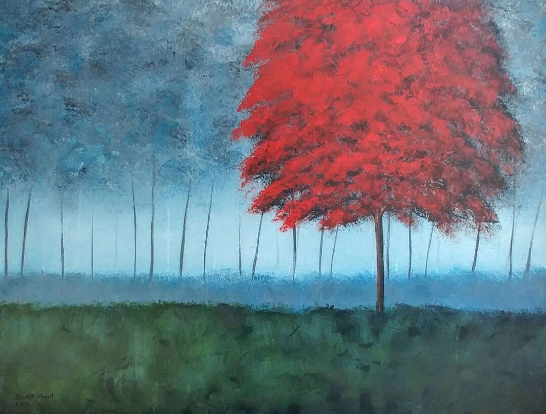 Original Acrylic Landscape Red Tree Painting on 36x48" Canvas, Large ...
