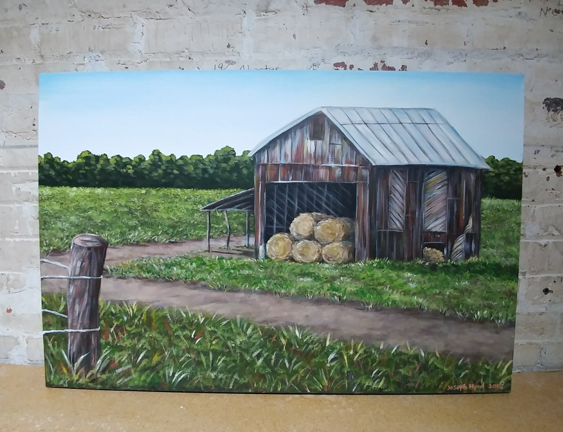 Original Acrylic Farm Barn Landscape Painting on 24x36" Gallery Wrapped ...