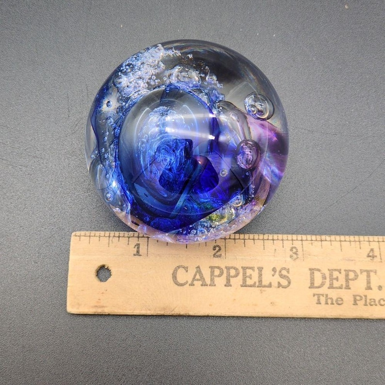 Handcrafted Glass Paperweight With Purple and Blue Swirls and Bubbles ...