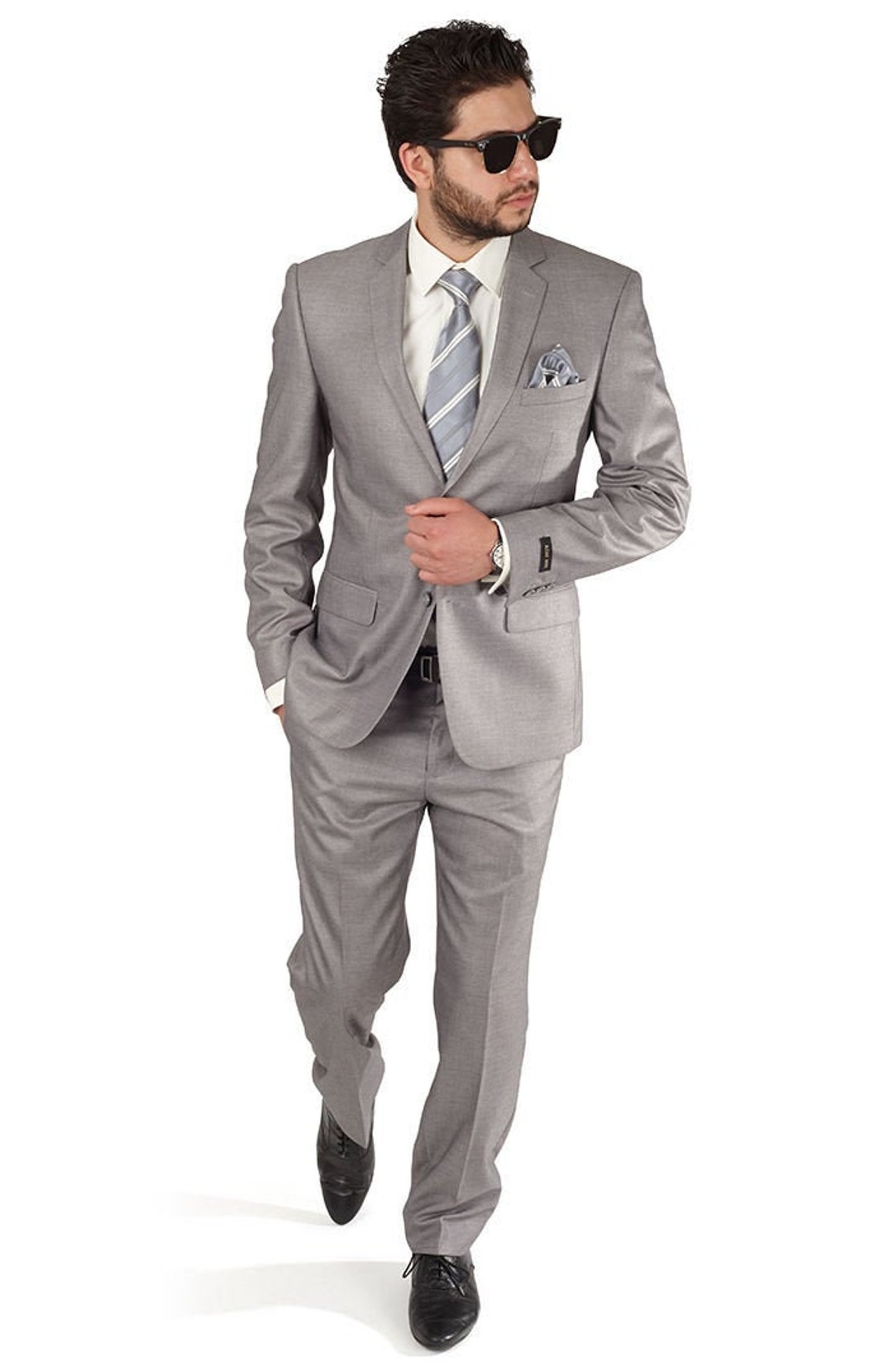 Slim Fit Men's 2 Button Solid Silver Gray Suit Notch Lapel Flat Front ...