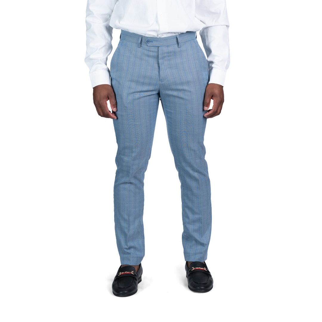 Slim Fit Mens Slacks Pinstripe Slate Blue Line Pants Flat Front AZAR ...