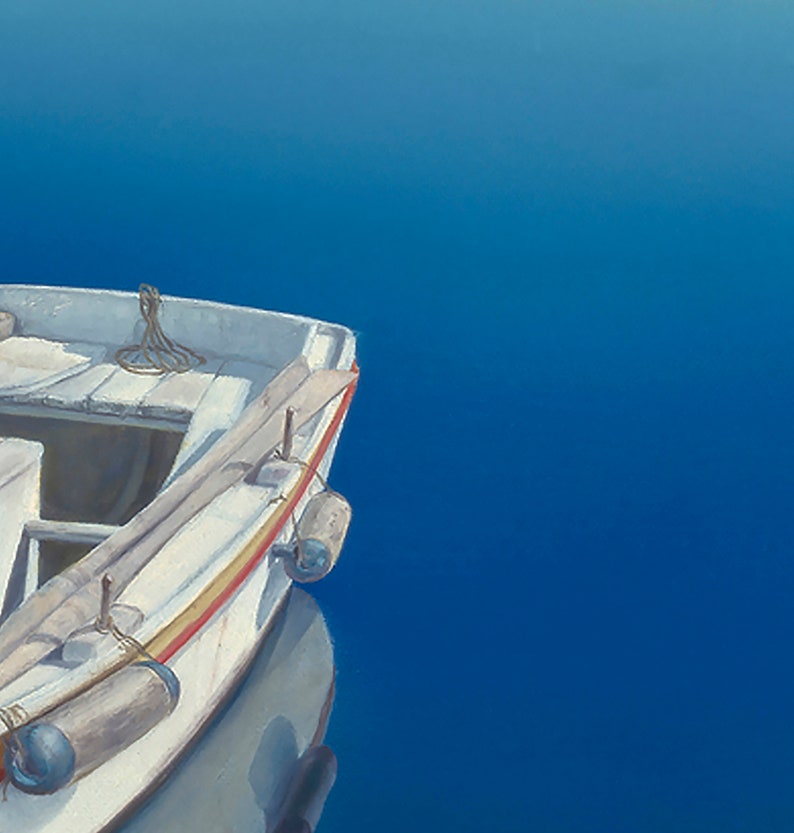 Fishing Rowboat Docked in the Calm Blue Sea by the Stone Pier, Original ...