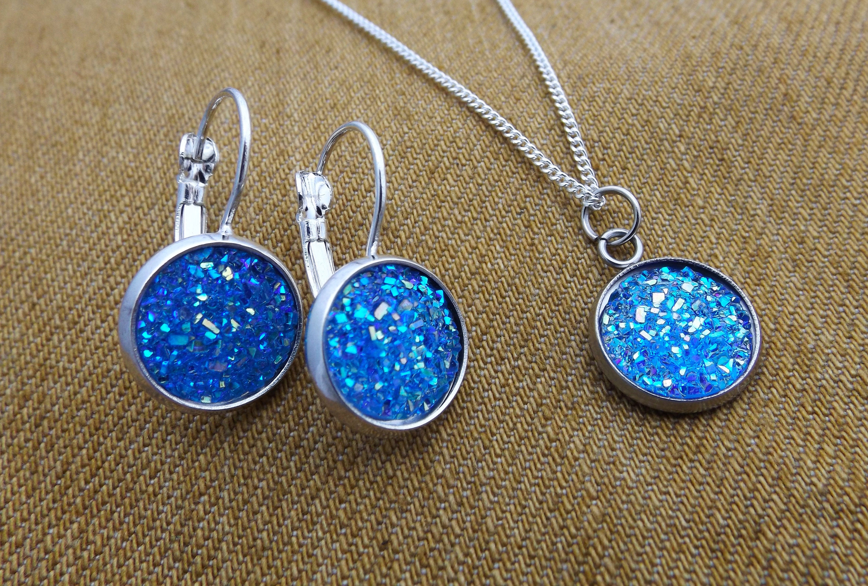Light Blue Resin Crystal Style Necklace & Drop Earrings - Etsy