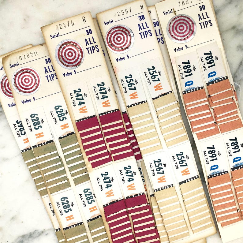 Vintage Lottery Pull Tab Tickets on Card | 30 Tabs | Retro Tickets ...