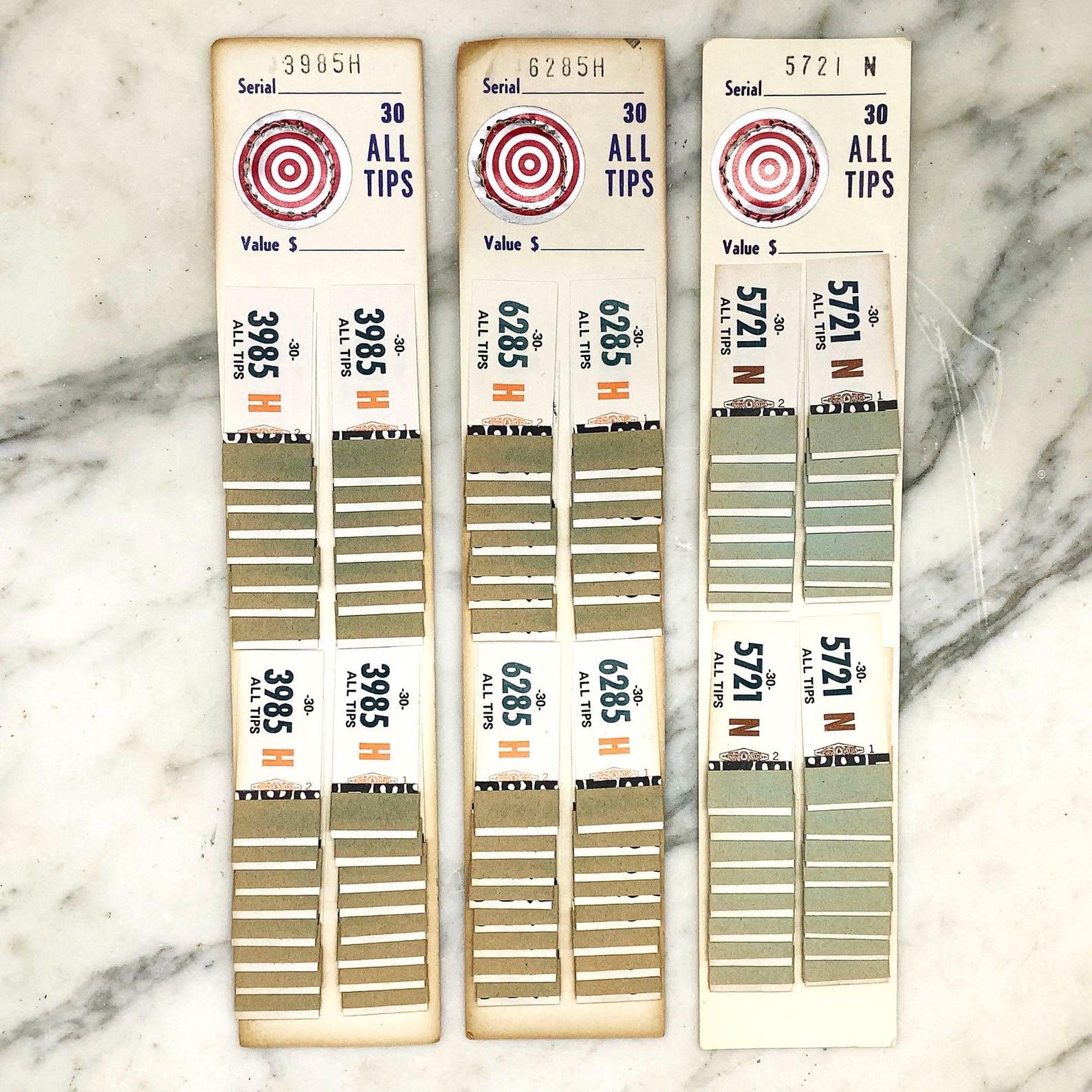 Vintage Lottery Pull Tab Tickets on Card | 30 Tabs | Retro Tickets ...