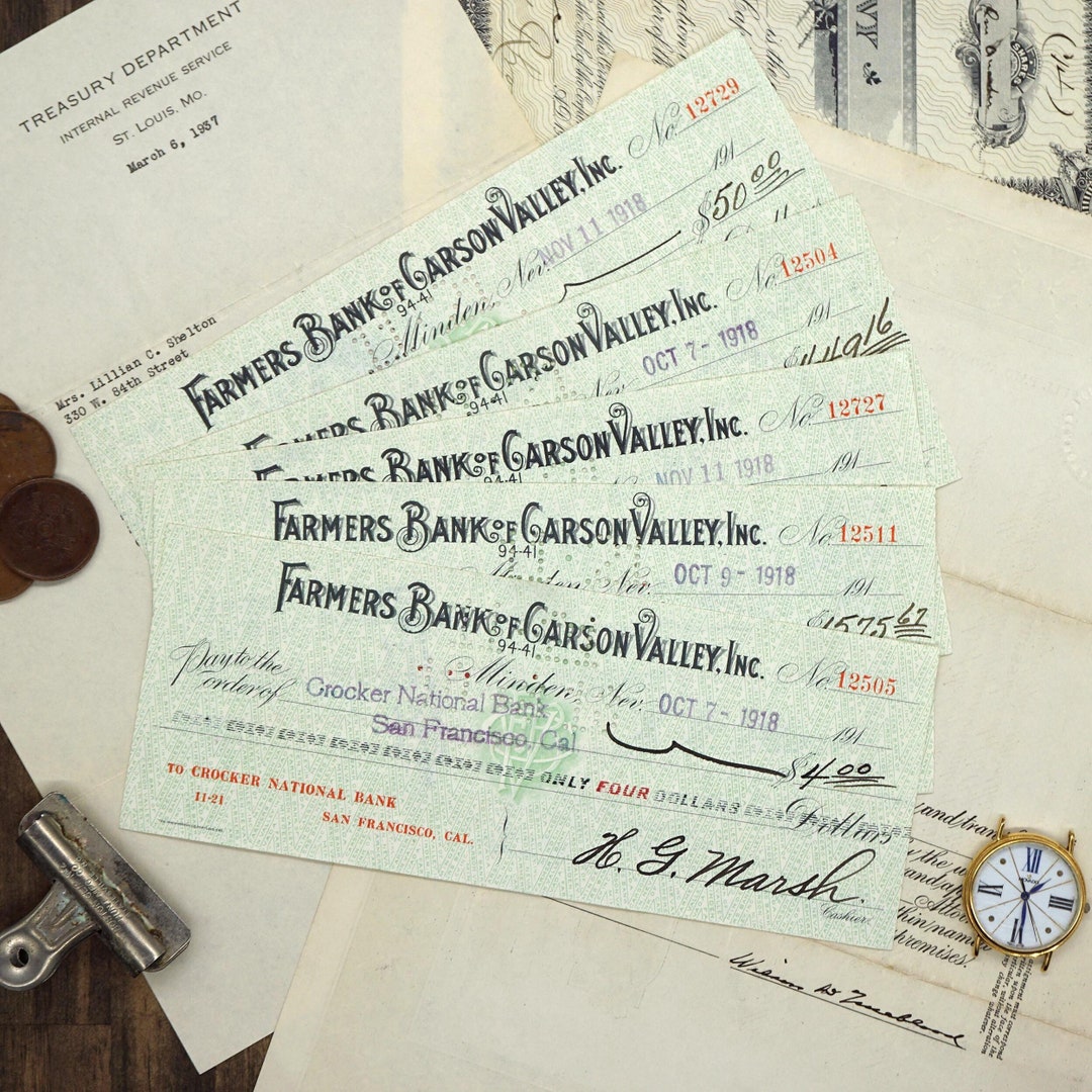 Antique Checks 1910s Set of 5 Mint Green Ephemera Handwritten Checks ...