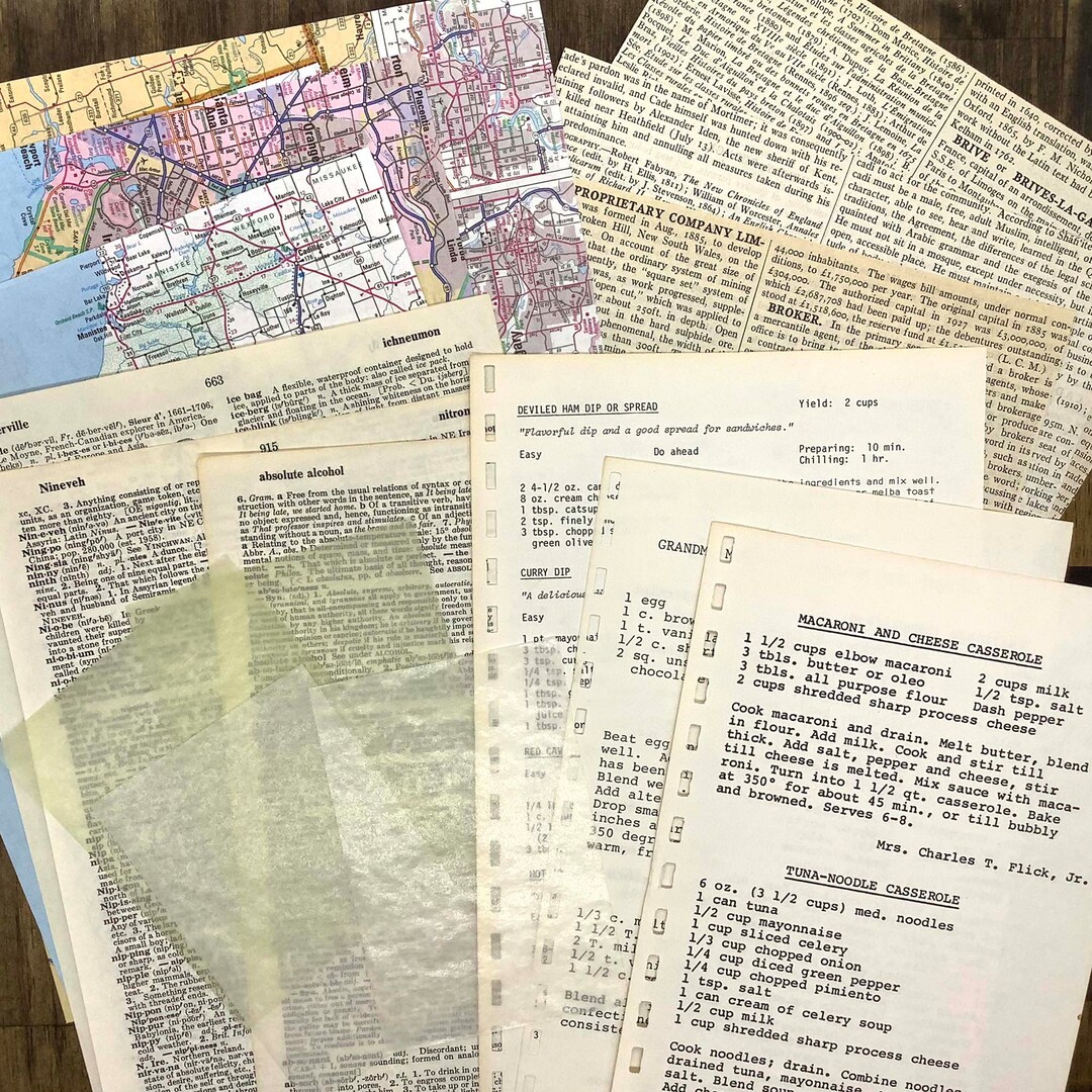 Vintage Paper Ephemera Pack | Set of 12 Book Pages + Glassine ...