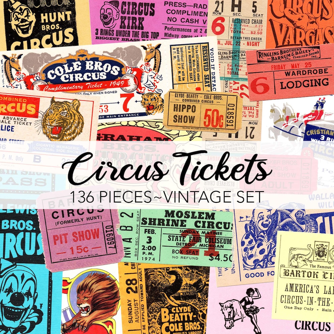 Vintage CIRCUS TICKETS | 136 Ticket Set | Circus Printable | Planner ...