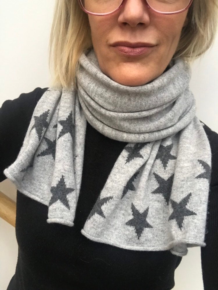 100% Pure Cashmere Star Scarf in Light Grey With Dark Grey - Etsy