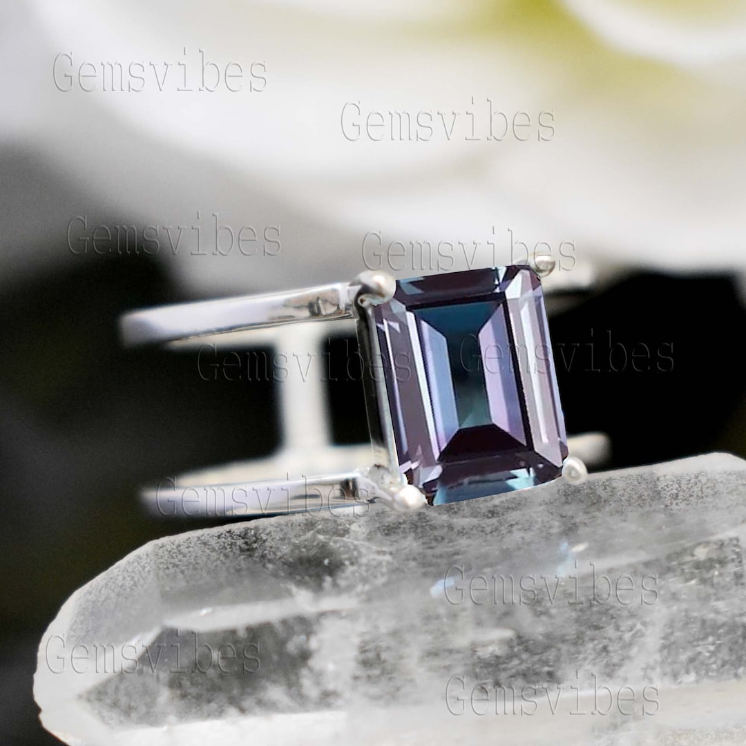 Emerald Cut Alexandrite Ring Solid 925 Sterling Silver Ring Solitaire ...