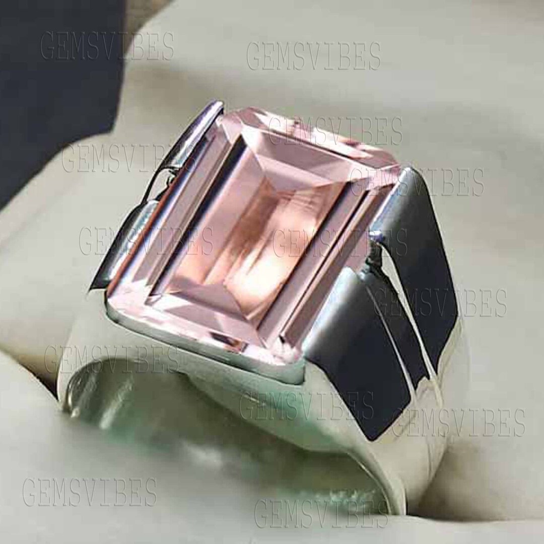 Emerald Cut Morganite Ring Solid 925 Sterling Silver Ring for Men ...