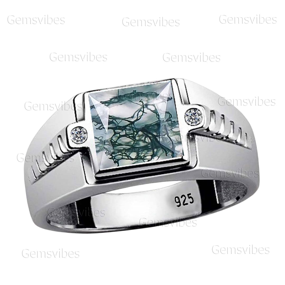 Men's Moss Agate Ring 925 Sterling Silver Ring for Men Signet Ring ...