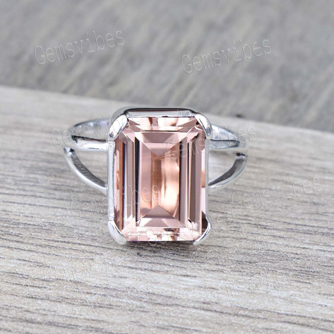 Emerald Cut Morganite Ring 925 Sterling Silver Ring for Women Wedding ...