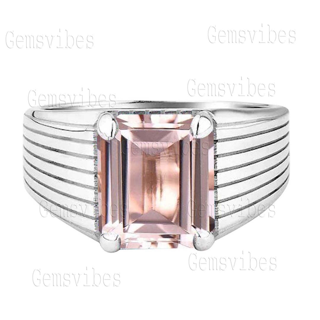 Natural Emerald Cut Morganite Ring Solid 925 Sterling Silver Ring for ...