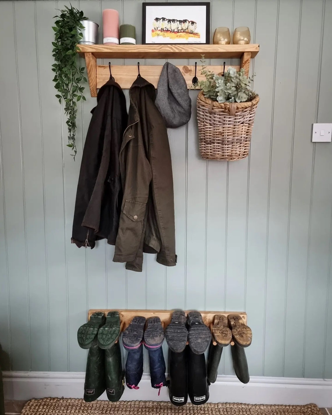 Wall mounted reclaimed timber welly rack / shoe rack / boot | Etsy