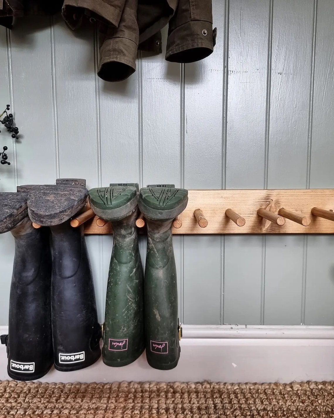 Wall mounted reclaimed timber welly rack / shoe rack / boot | Etsy