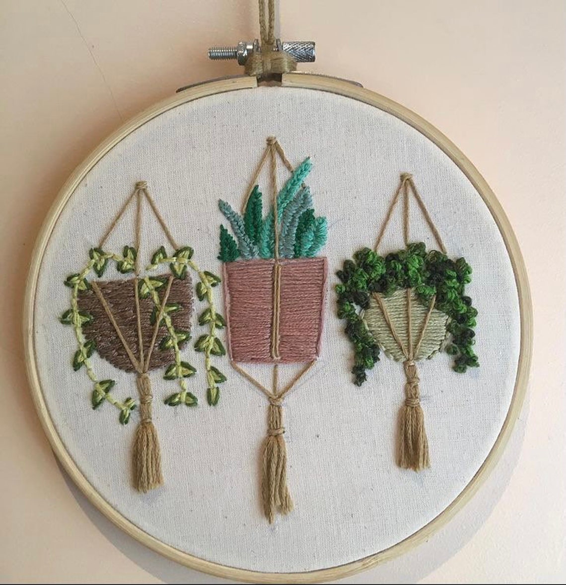 Hand Embroidered Hanging Plants in Baskets. Boho Home Decor. Wall ...